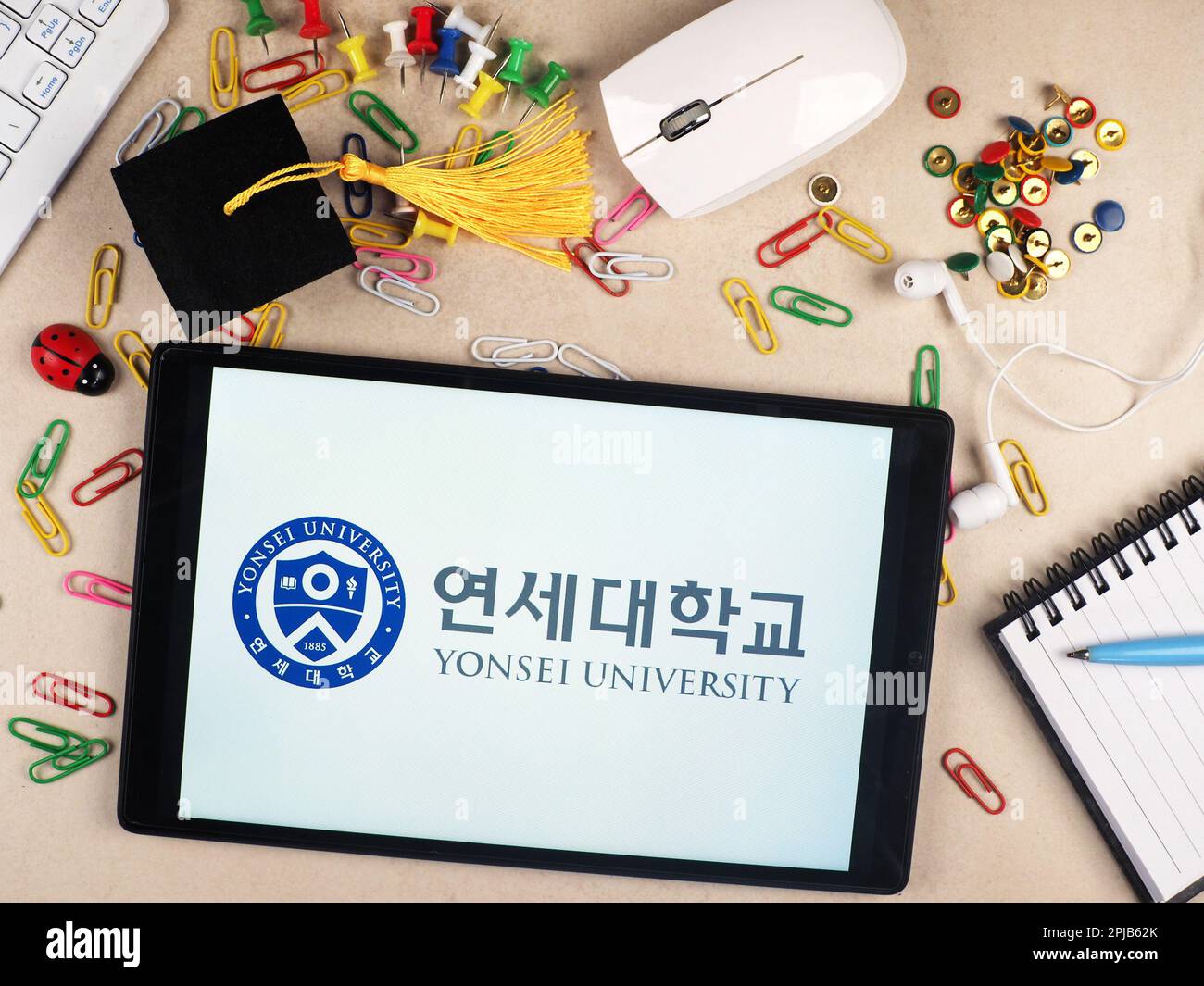 In this photo illustration, a Yonsei University logo seen displayed on ...