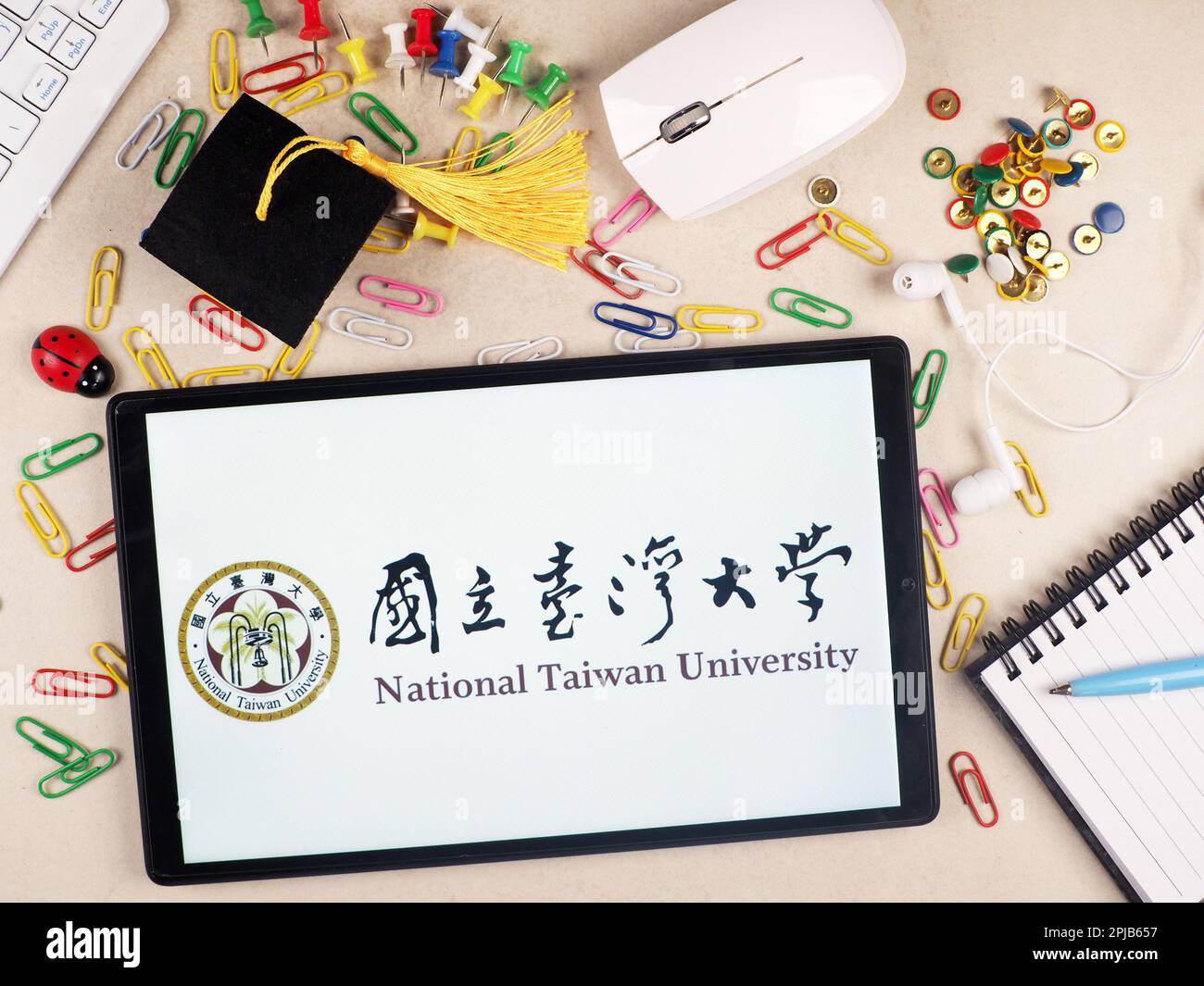 In this photo illustration, a National Taiwan University (NTU) logo seen displayed on a tablet ...