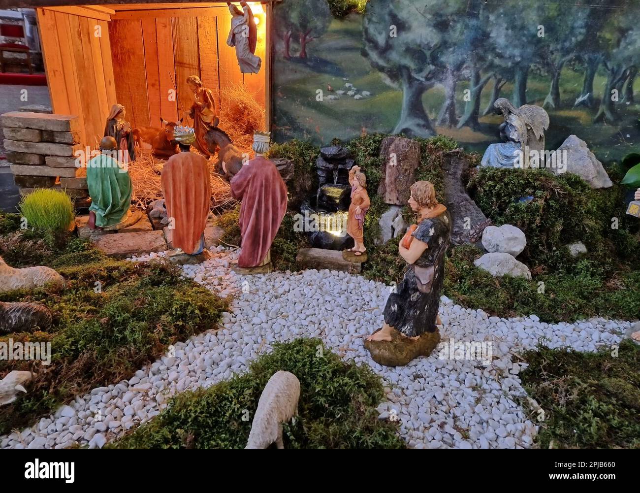 Christmas nativity scene by the church Stock Photo - Alamy