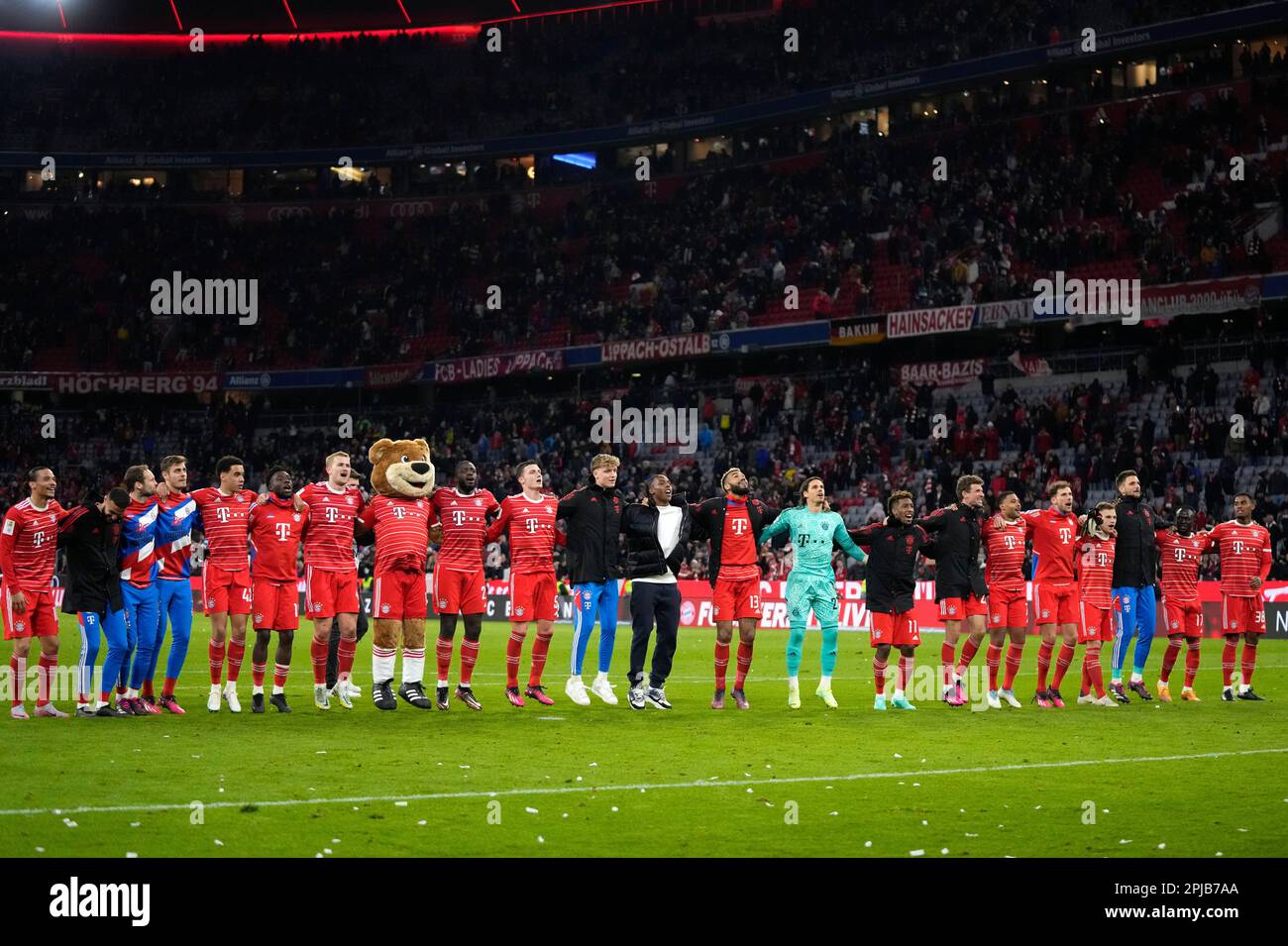 Bayern players celebrate at the end of the German Bundesliga soccer ...