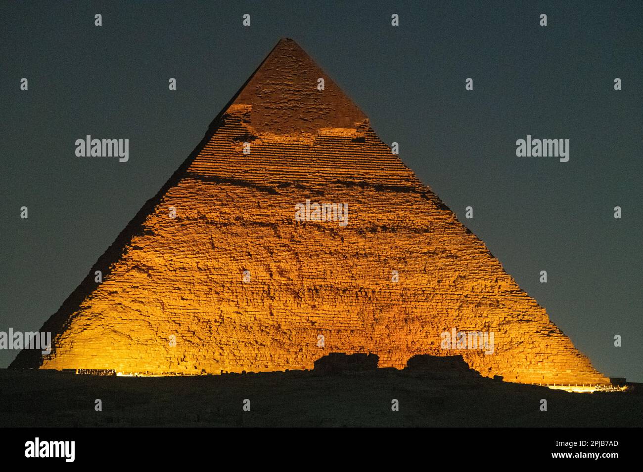 The Pyramids of Giza lit up with lights for the light and sound show at ...