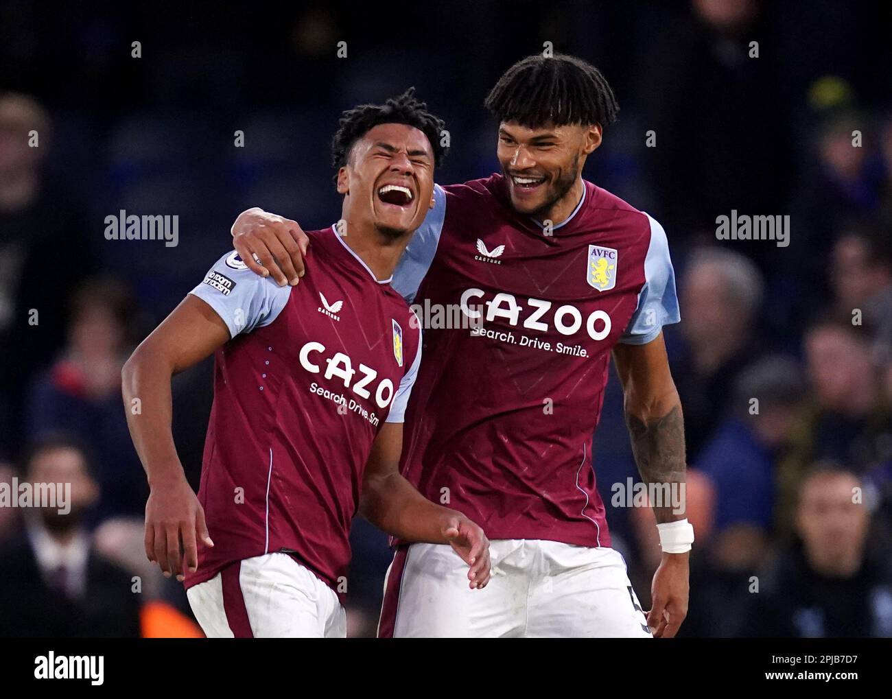 Aston Villa's Ollie Watkins (left) and Tyrone Mings celebrate after the ...