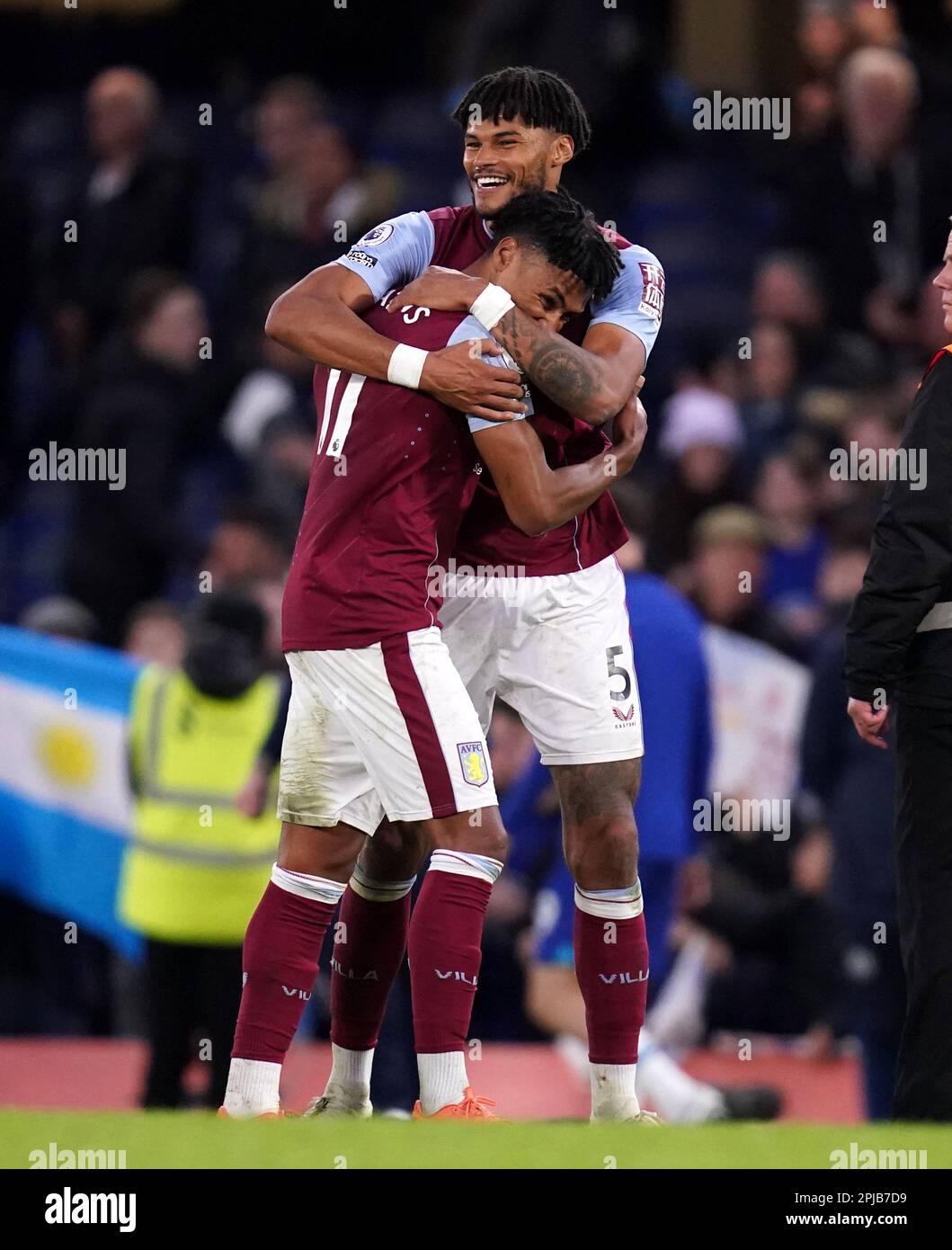 Aston Villa's Ollie Watkins (left) and Tyrone Mings celebrate after the ...
