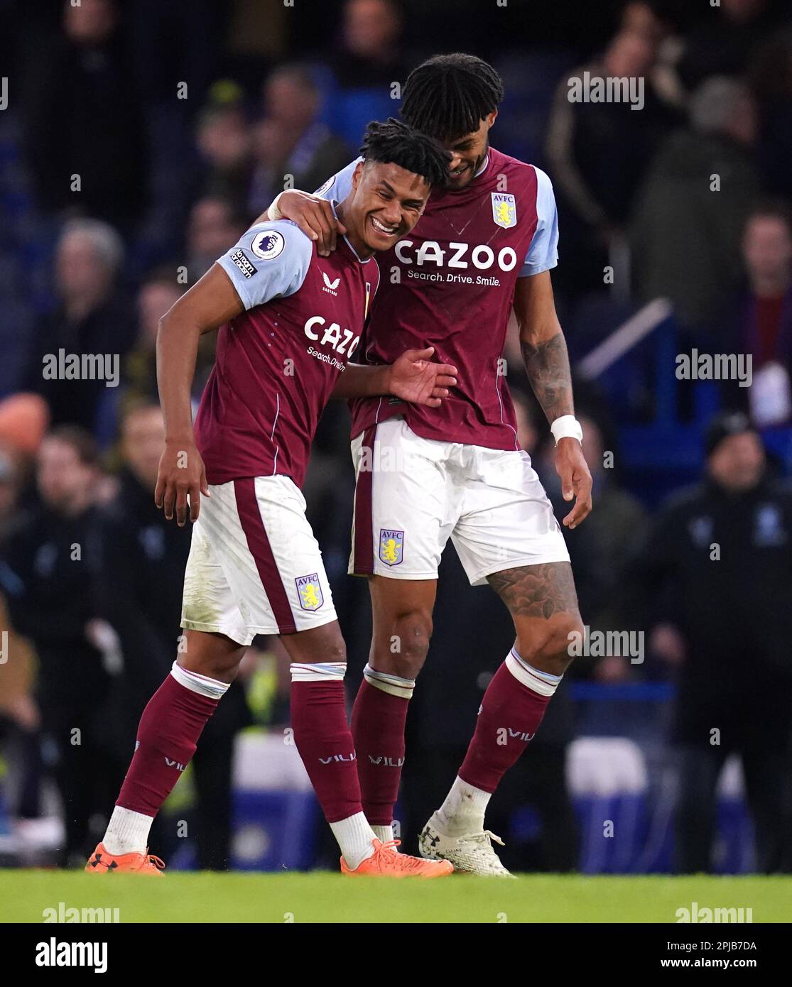 Aston Villa's Ollie Watkins (left) and Tyrone Mings celebrate after the ...