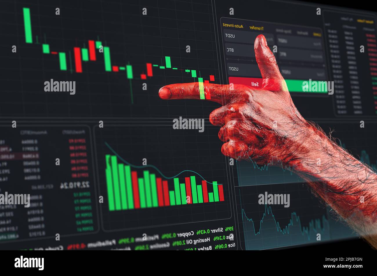 A close-up of a man's hand, showing a gun, covered in blood. financial ...