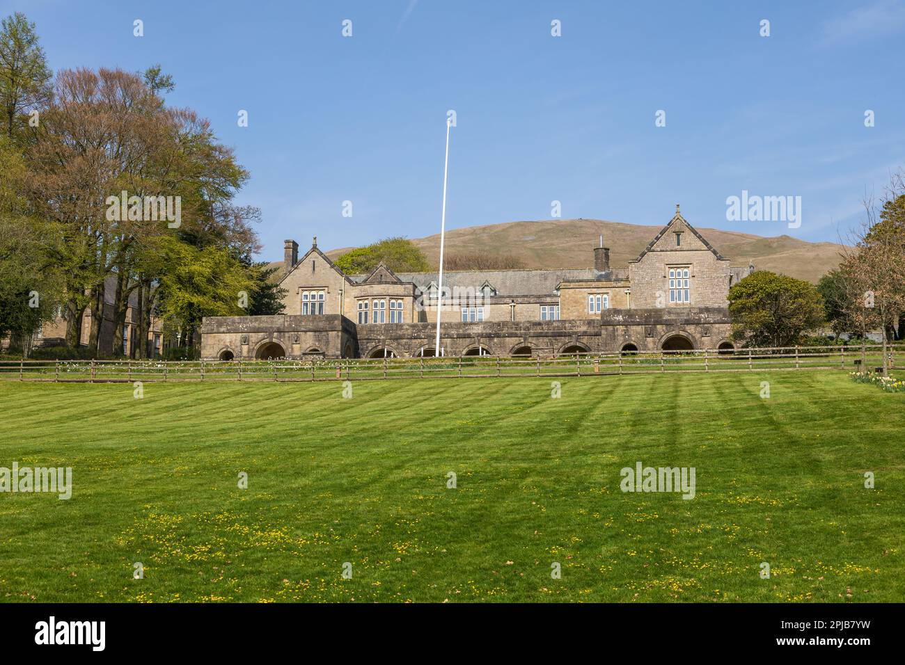 View if the buildings of the Sedbergh village. School playground. Sunny ...