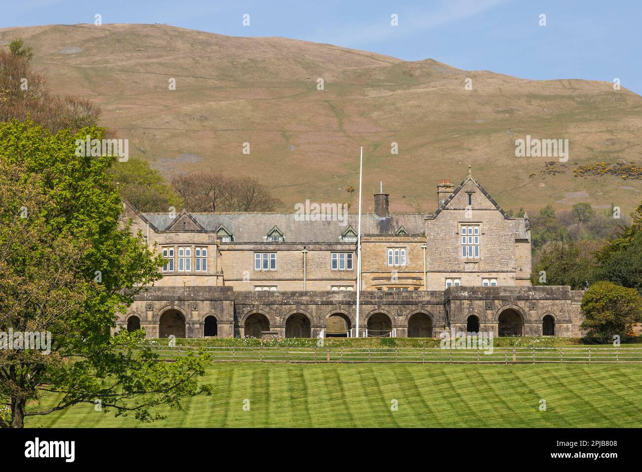 View if the buildings of the Sedbergh village. School playground. Sunny ...