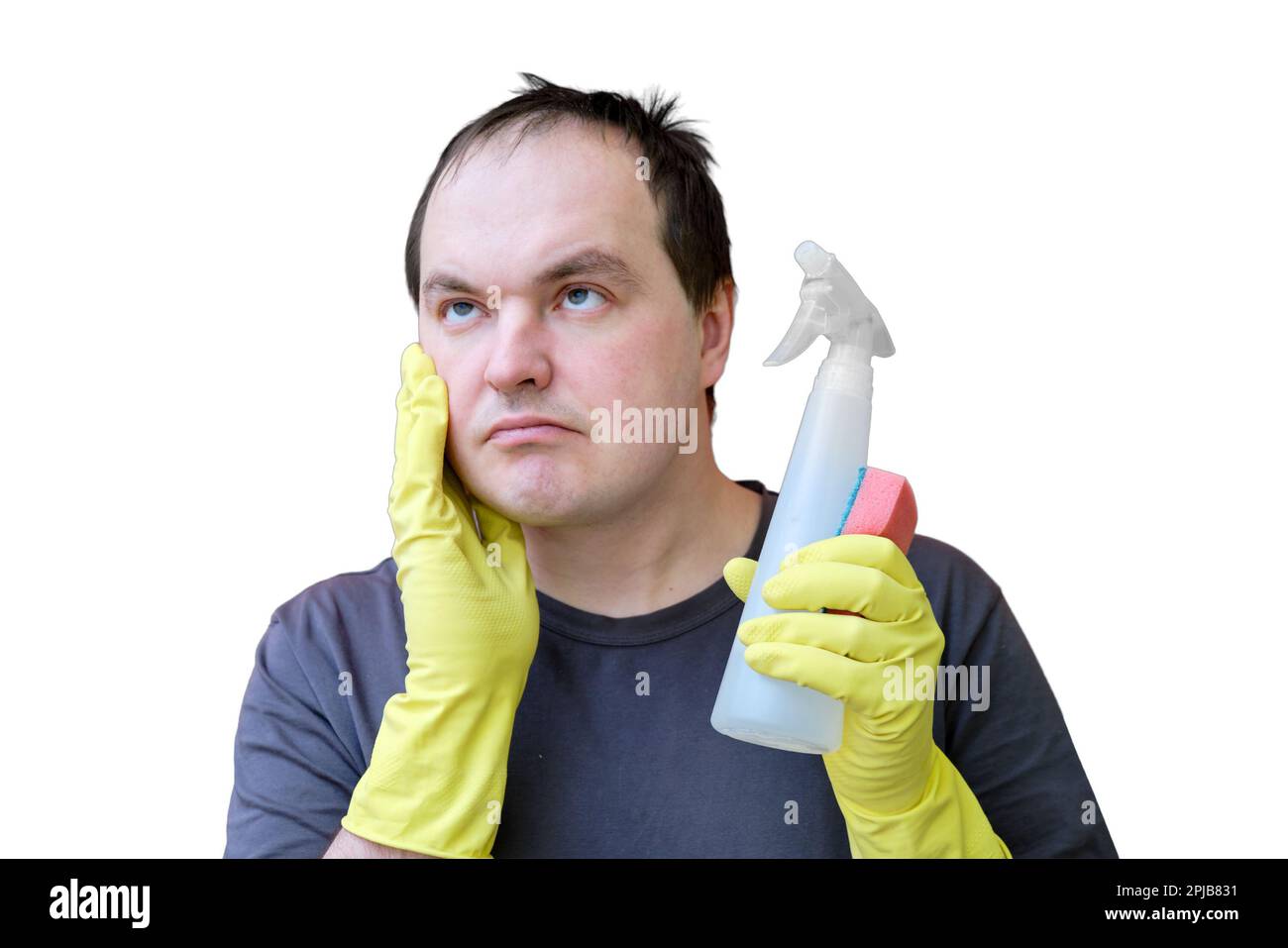 Thoughtful man cleaner in yellow gloves, portrait on studio isolated on ...