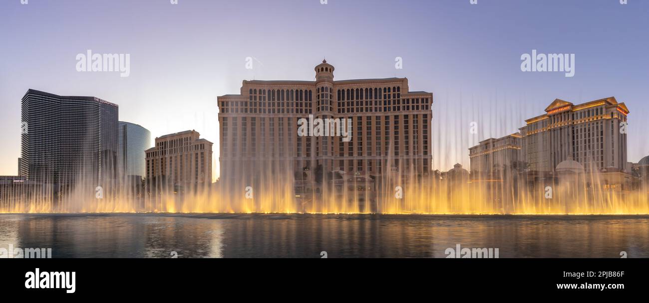 A panorama picture of the Bellagio Fountain Water Show at sunset Stock ...