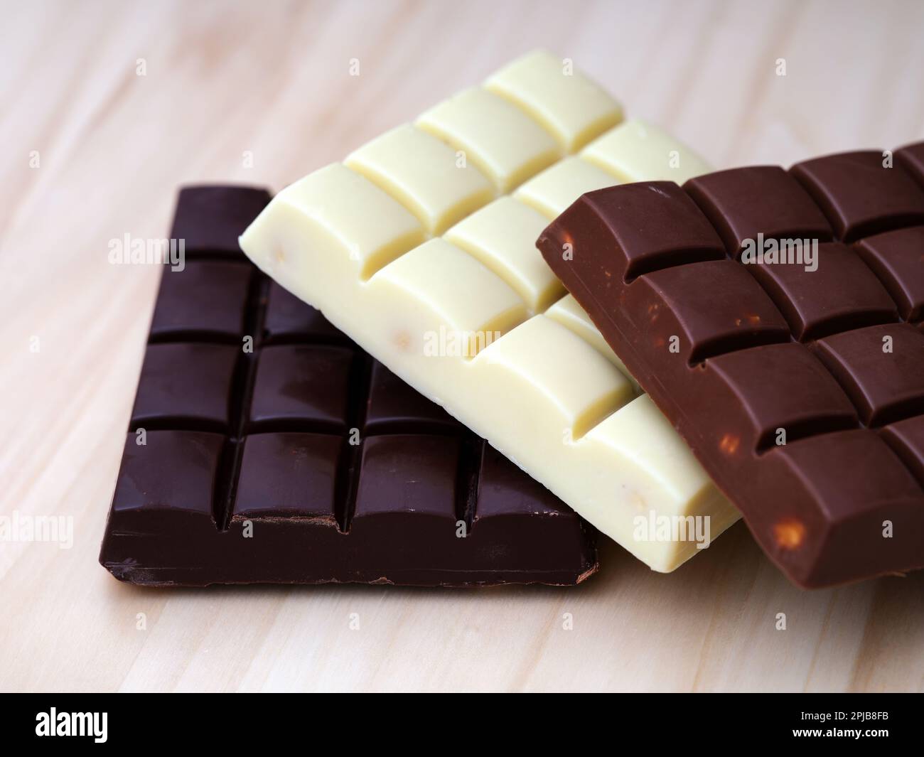 Three chocolate bars - milk chocolate, dark chocolate and white ...