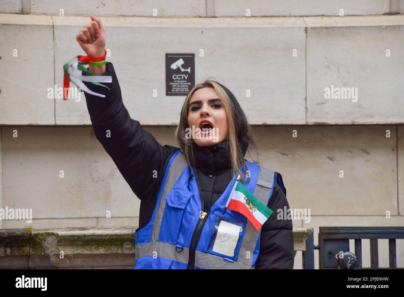 London, England, UK. 1st Apr, 2023. A masked protester shows solidarity ...