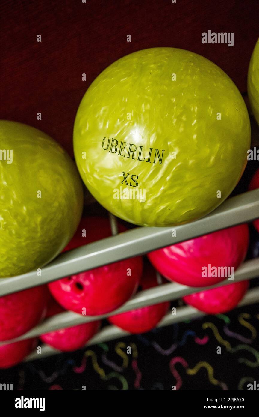 Bowling balls at a bowling alley in OHIO USA Stock Photo - Alamy