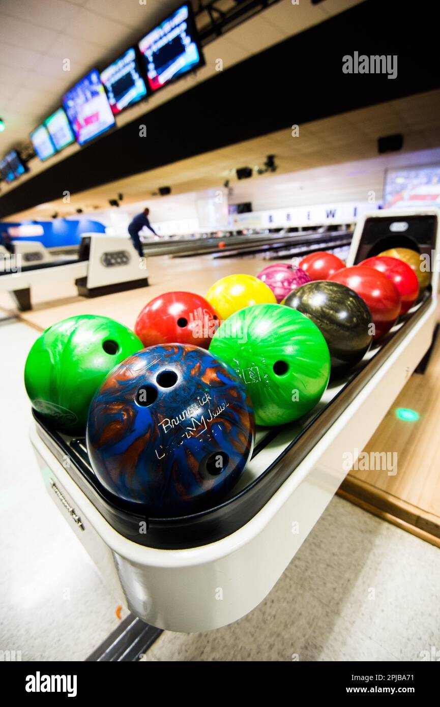 Bowling balls at a bowling alley in OHIO USA Stock Photo - Alamy