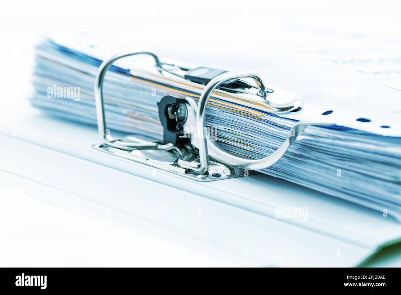 Detail of open folder filled with documents in cyan tone. Symbol of ...