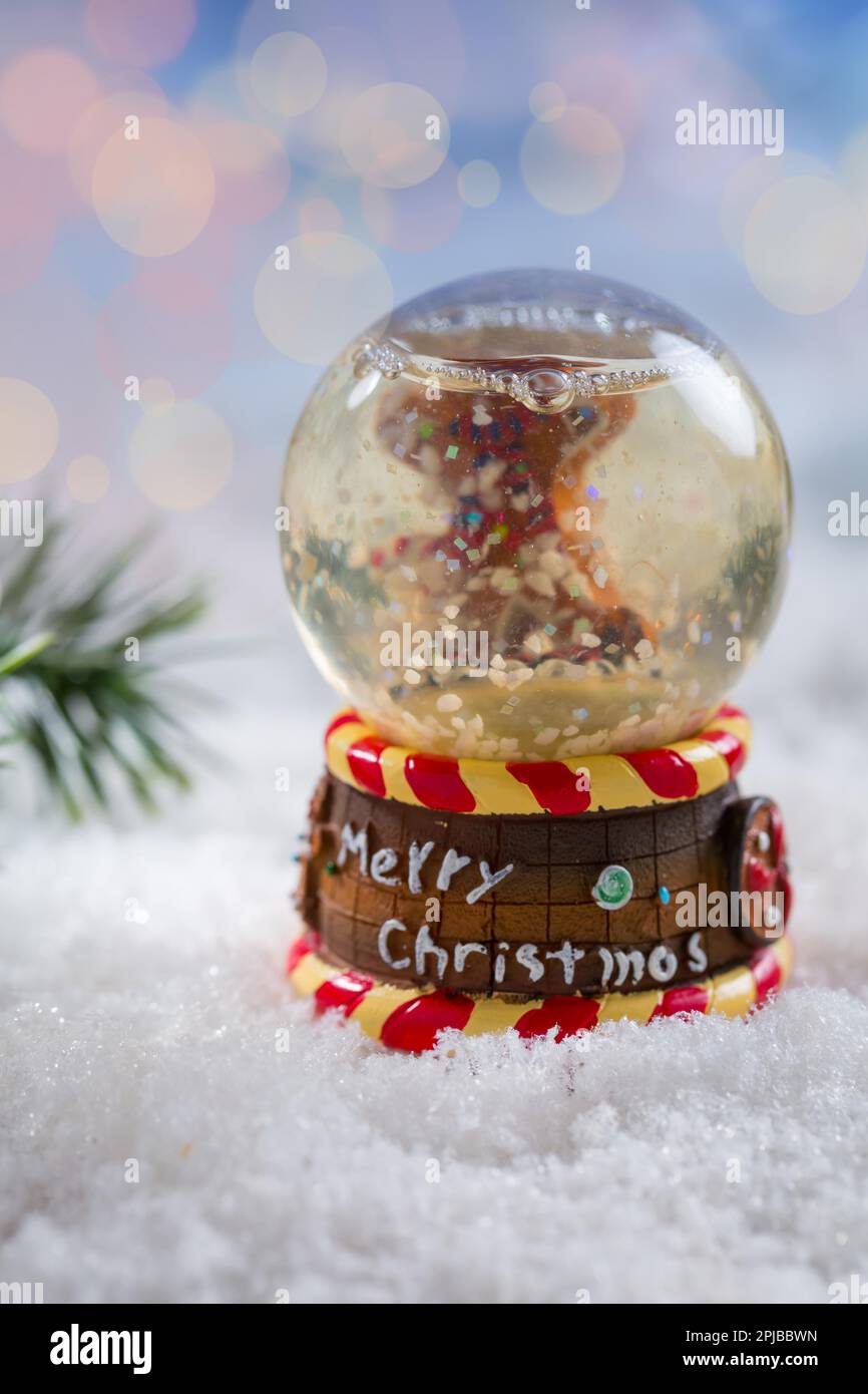 Snowball with branch on snow with blurry background. Symbol of winter ...