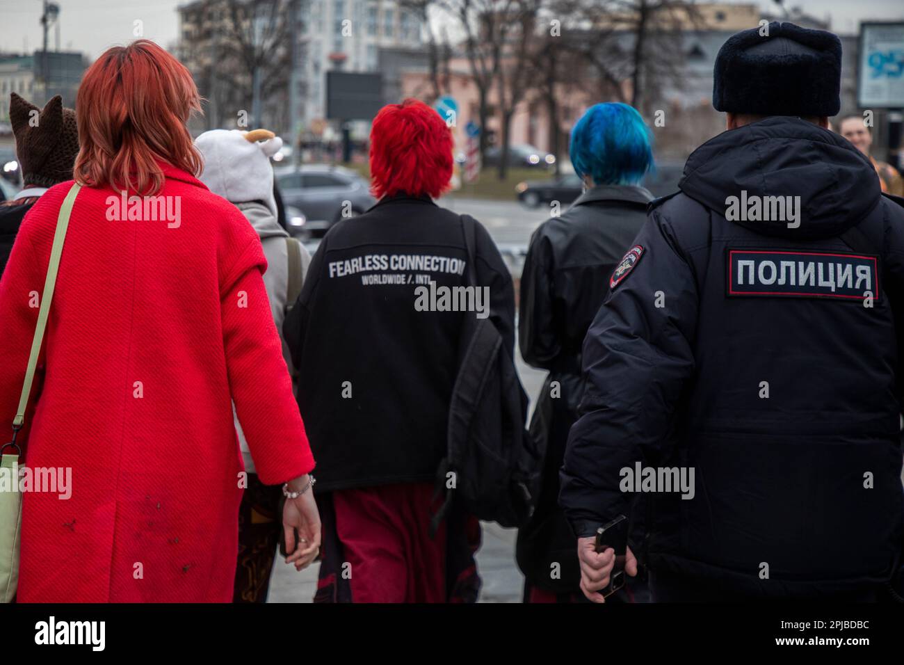 Moscow, Russia. 1st of April, 2023. Police officers detain young people ...