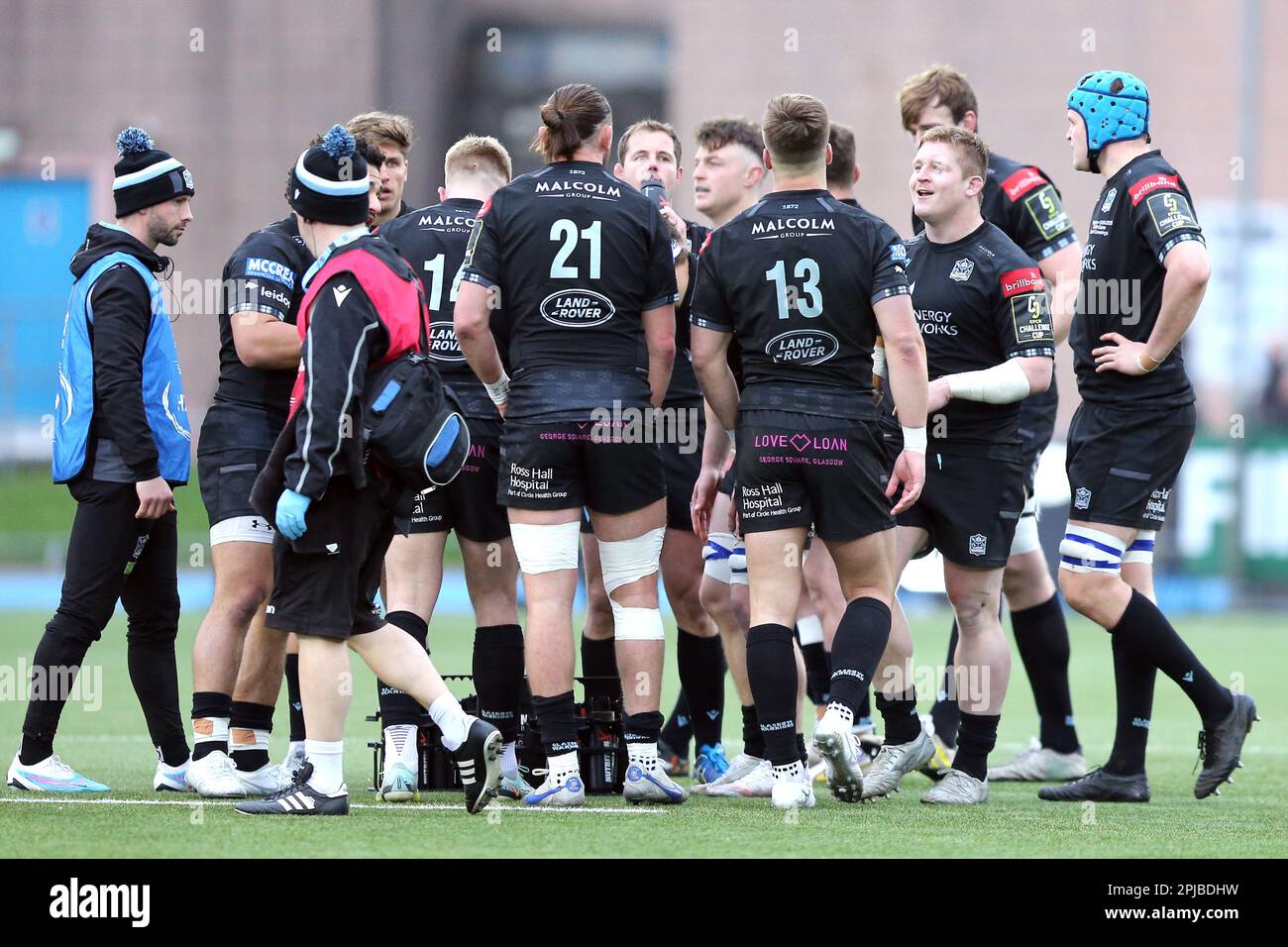 Glasgow Warriors' Johnny Matthews (second right) celebrates scoring a ...