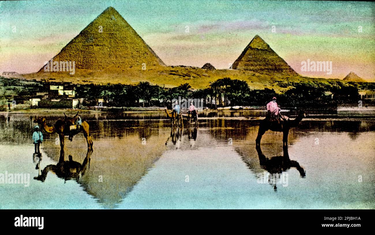 The pyramids in Egypt. Old autochrome photograph. Mid 19th century ...