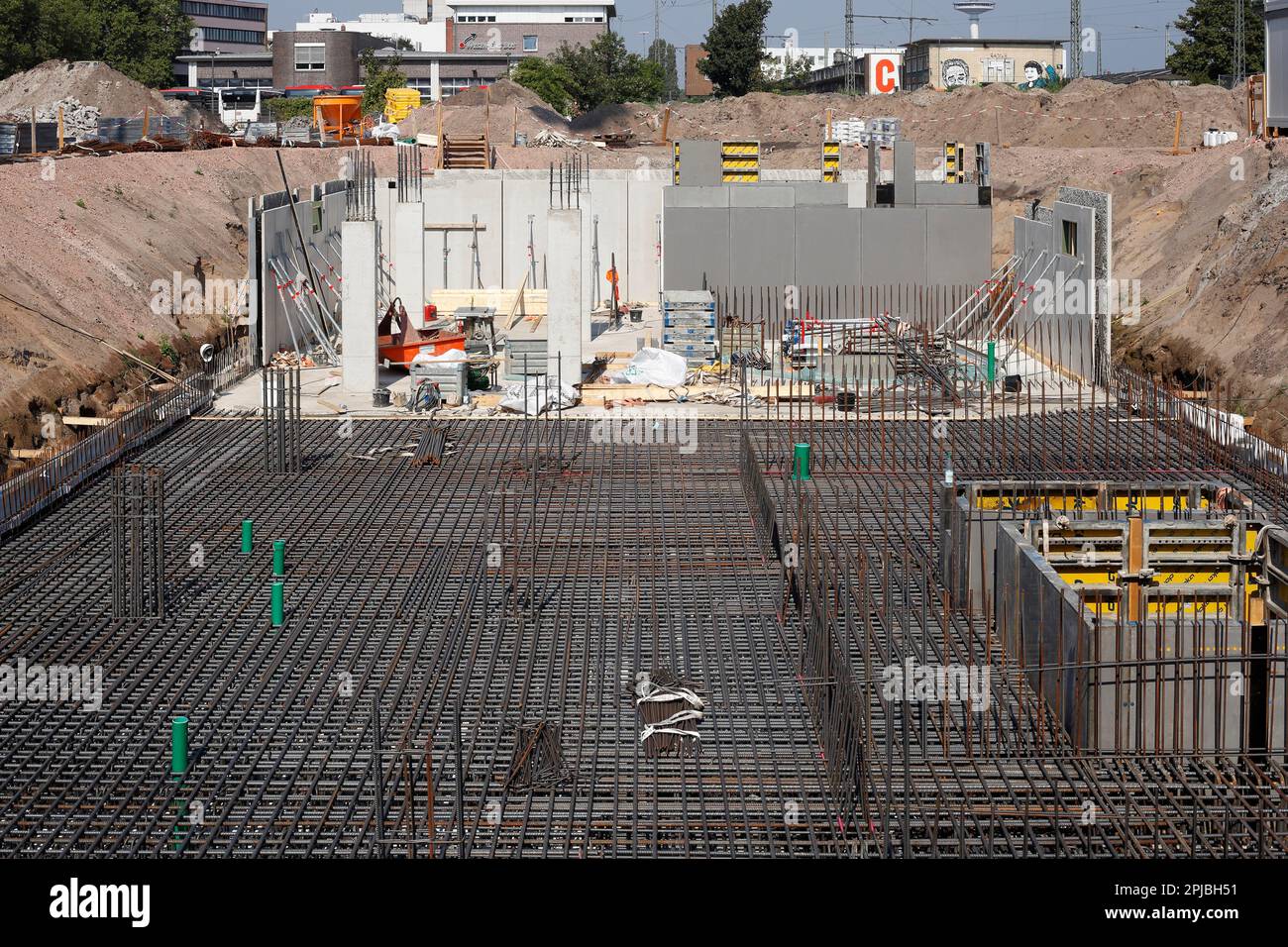 Excavation pit, construction site, foundation of a residential building ...