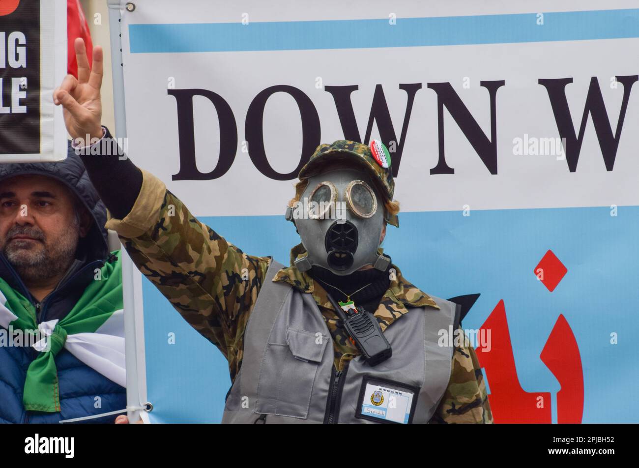 London, England, UK. 1st Apr, 2023. A protester wears a gas mask ...