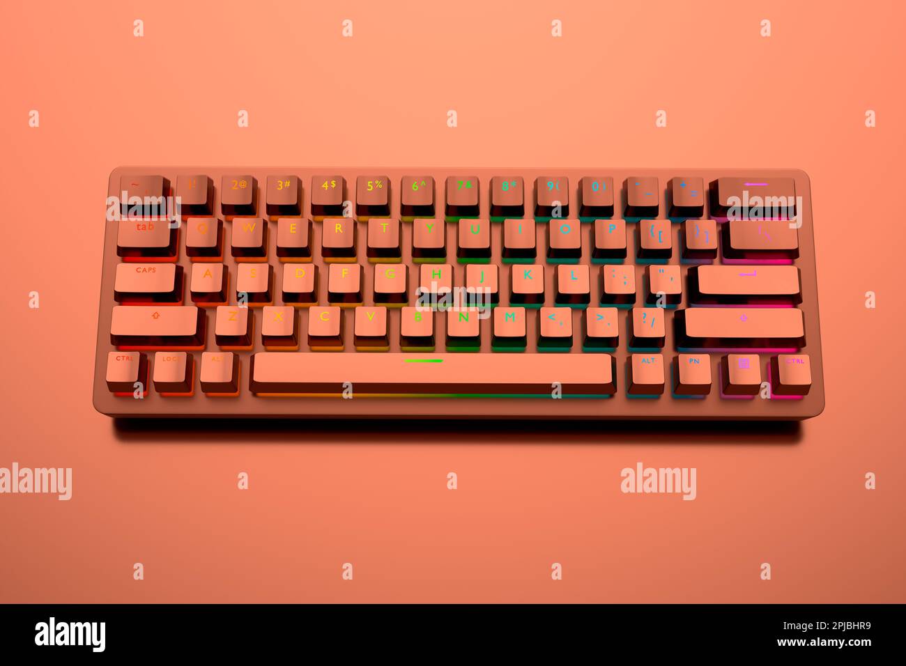 Realistic computer keyboard with copper chrome texture isolated on red ...