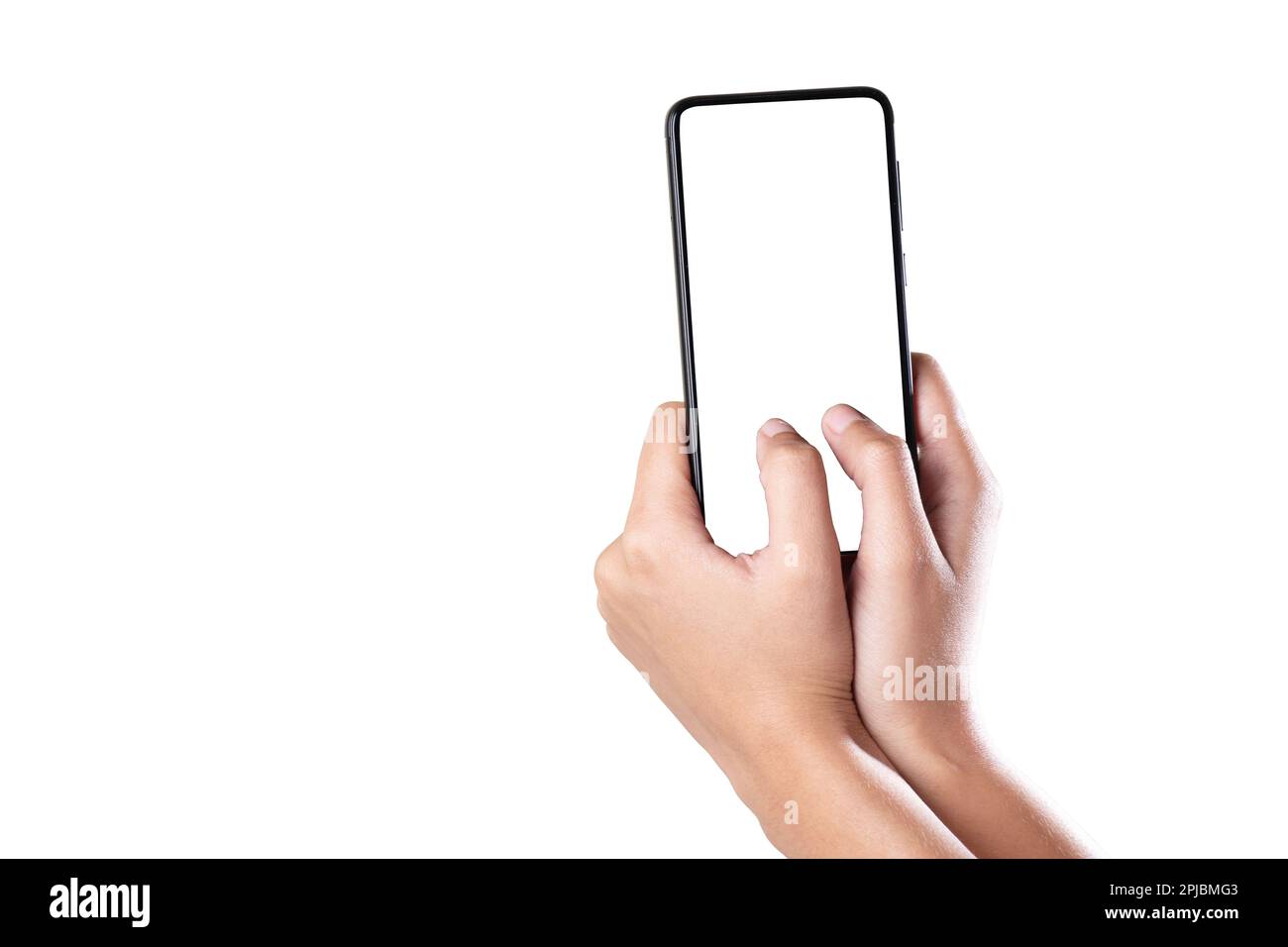 Both hand holding empty screen smartphone vertically isolated on white ...