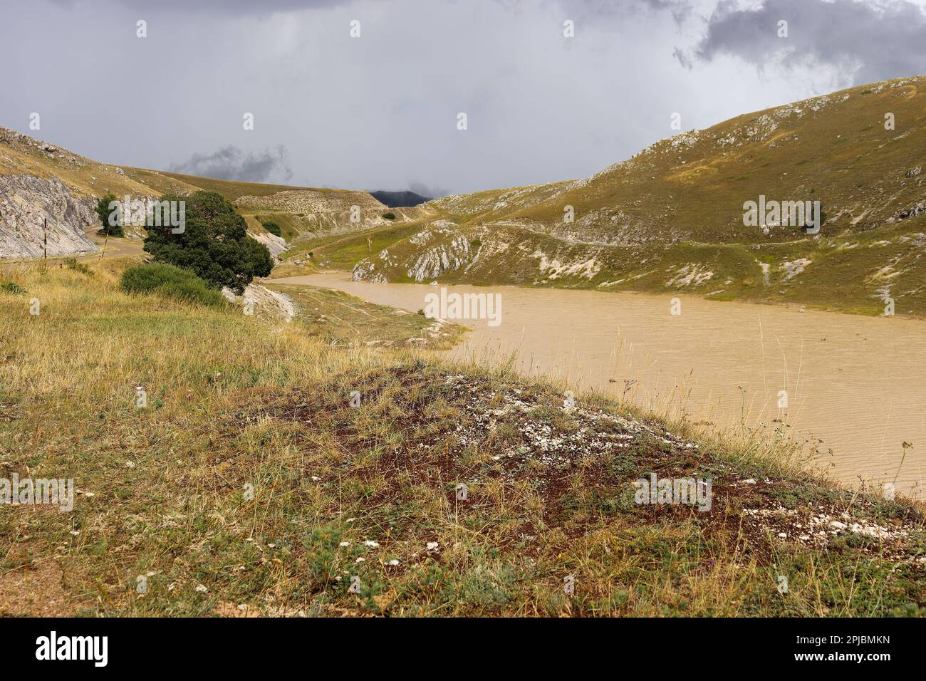 View of a mountain landscape with meadow, trees, and steppe in Abruzzo ...
