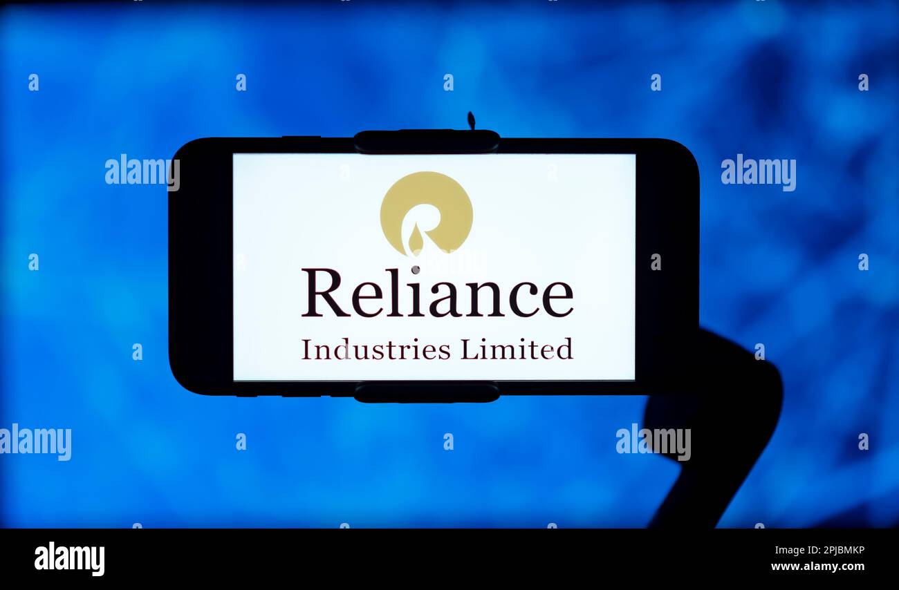 India. 1st Apr, 2023. In this photo illustration, the Reliance industries logo is seen displayed ...