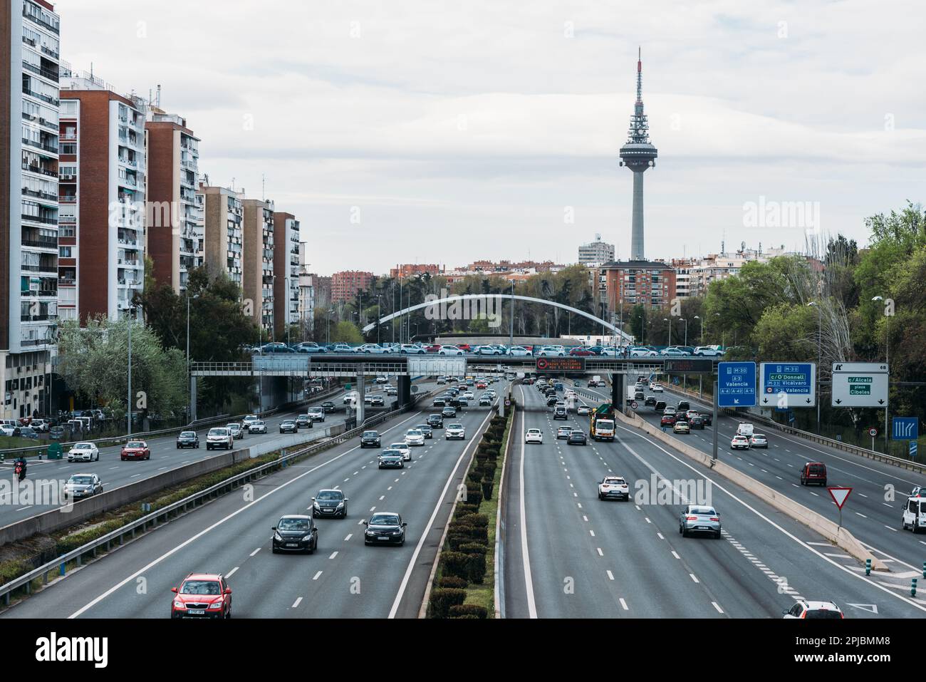 Madrid, Spain - April 1, 2023: High perspective view of traffic in ...