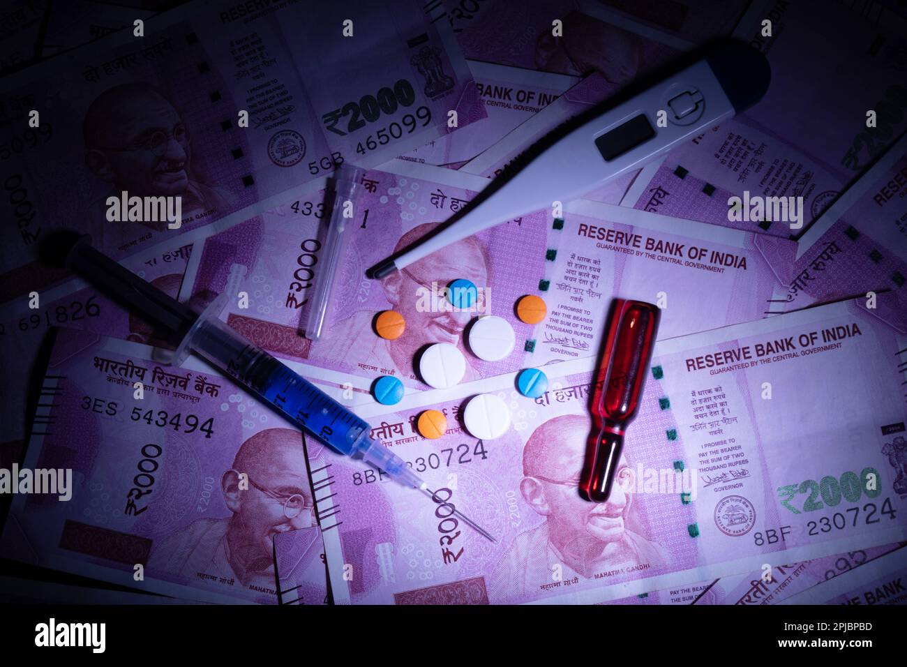 Top view of pharma products with indian money, Medicine business ...