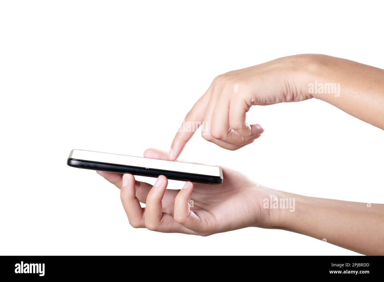 Phone in hand touching with finger on white background Stock Photo - Alamy