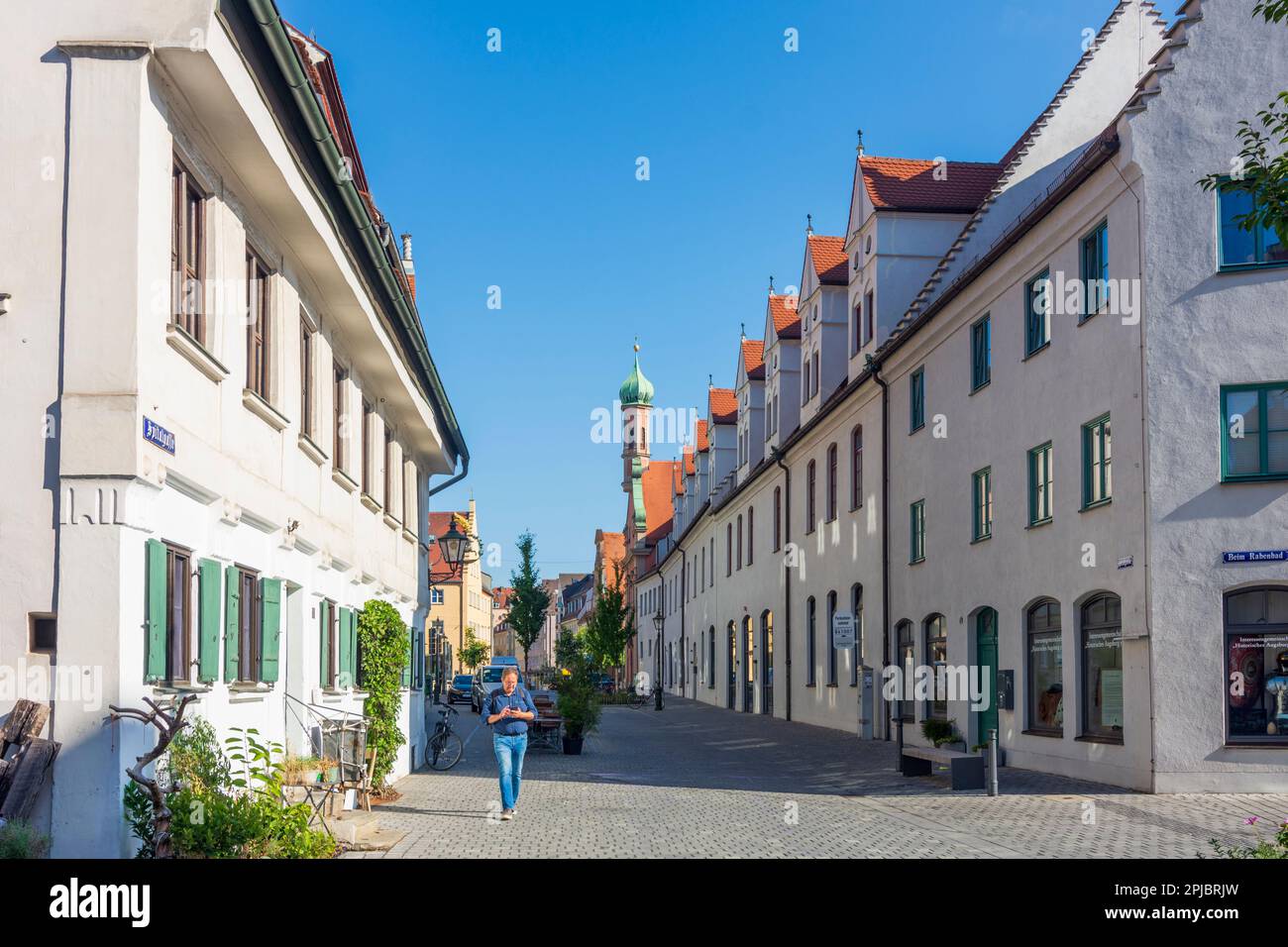 Augsburg: alley Spitalgasse, church St. Margareth, Old Town in Schwaben ...
