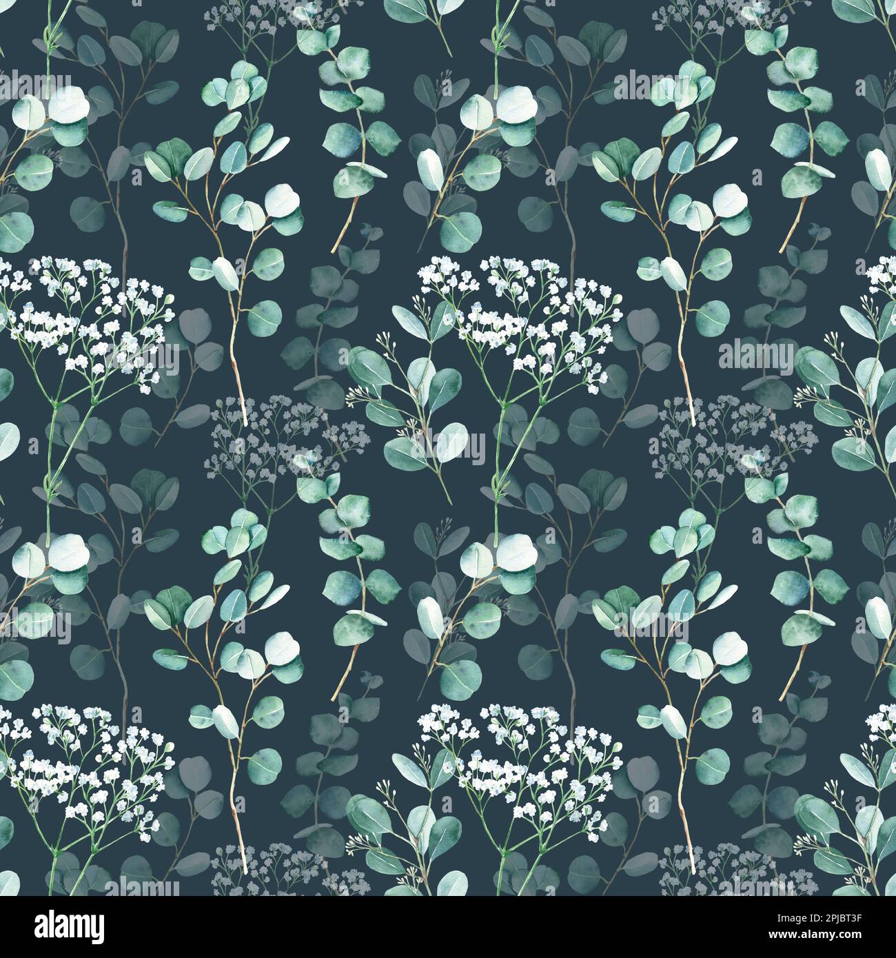 Seamless watercolor pattern with eucalyptus and gypsophila branches on ...