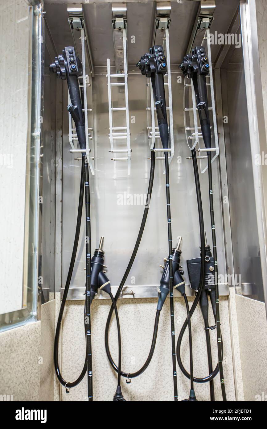 Modern endoscopy equipment kit. Electronic video Endoscopy System. A ...