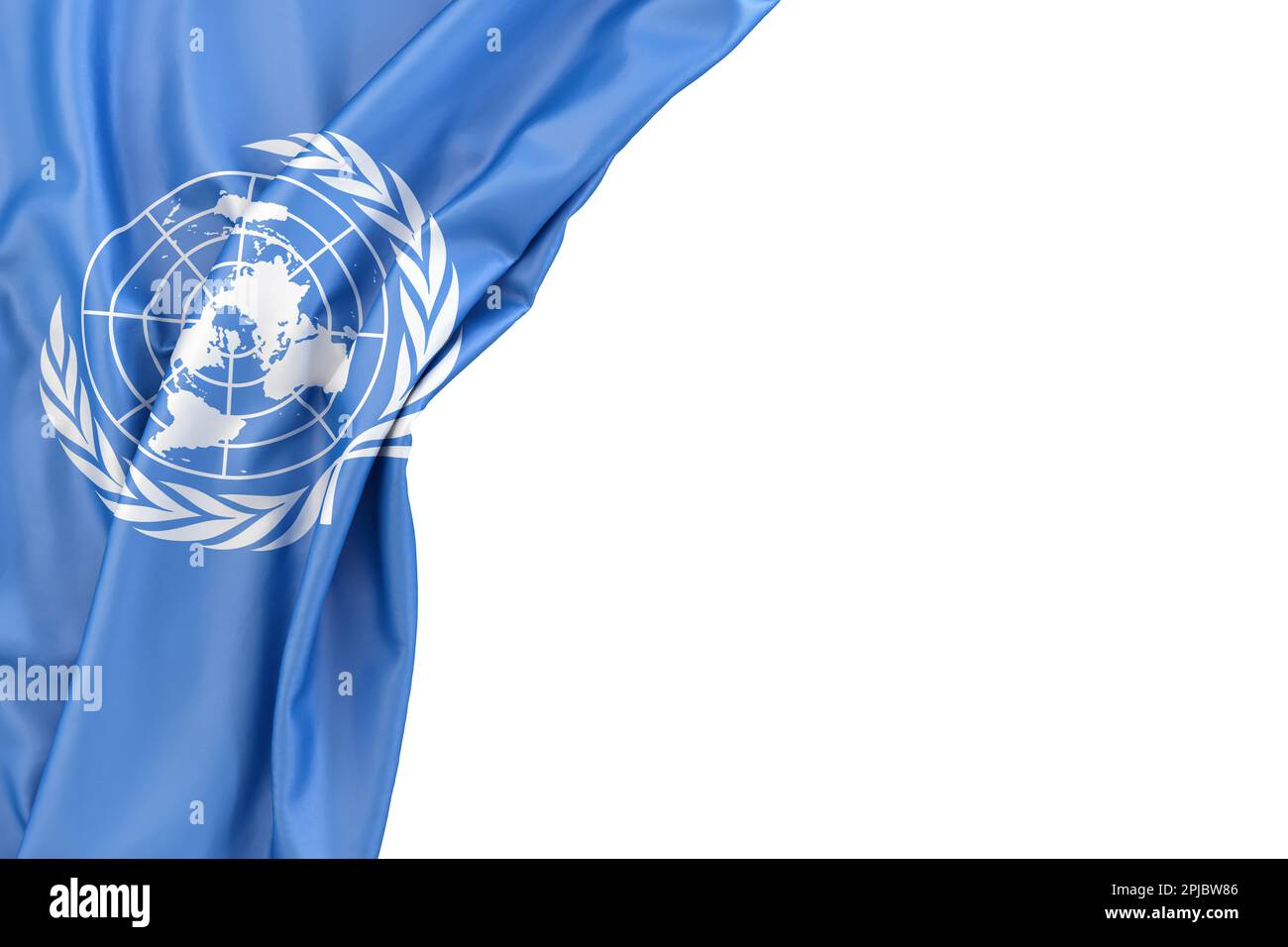 Flag of the United Nations in the corner on white background. 3D ...