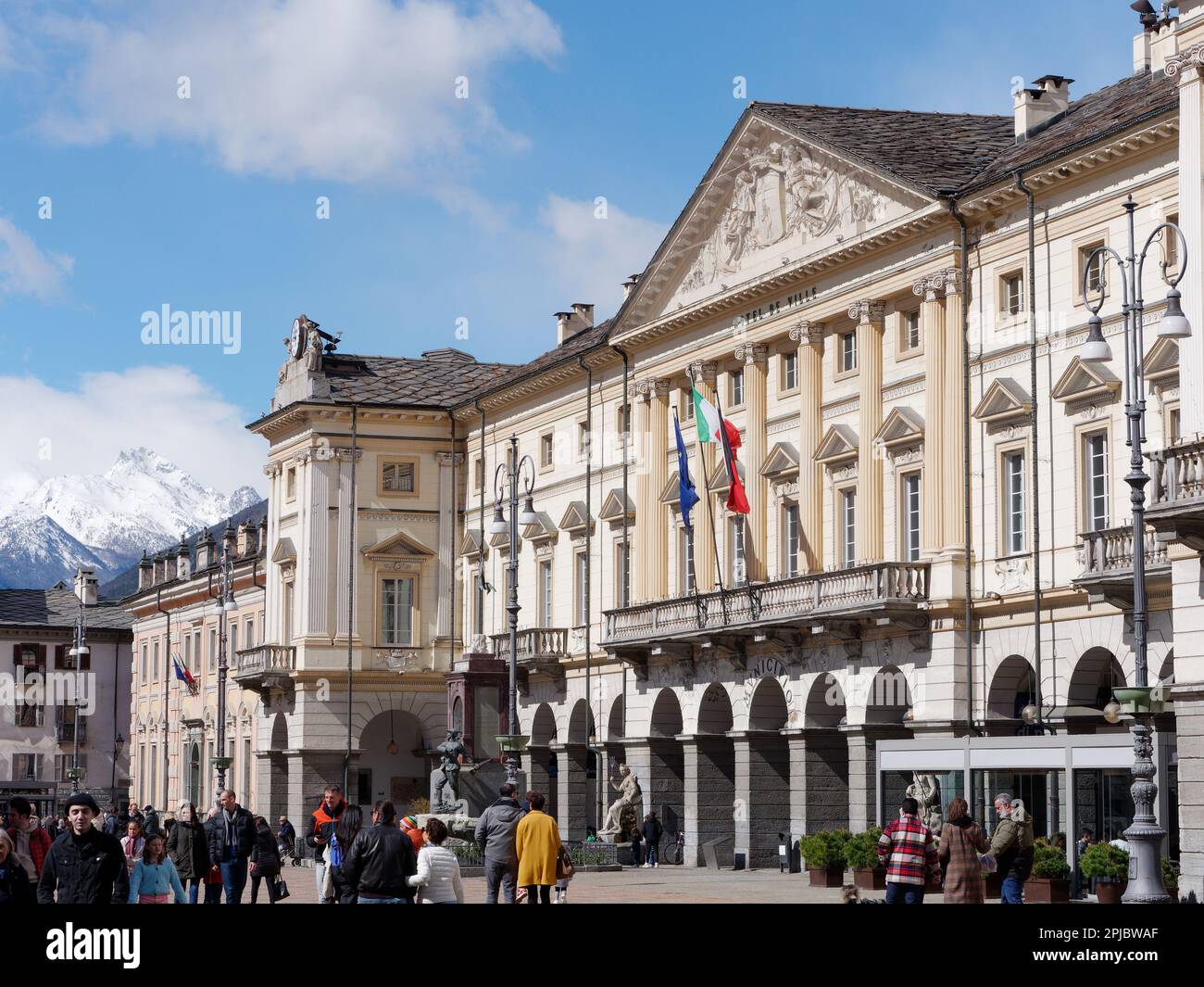 The main square in Aosta, Piazza Emile Chanoux with the Town Hall on ...