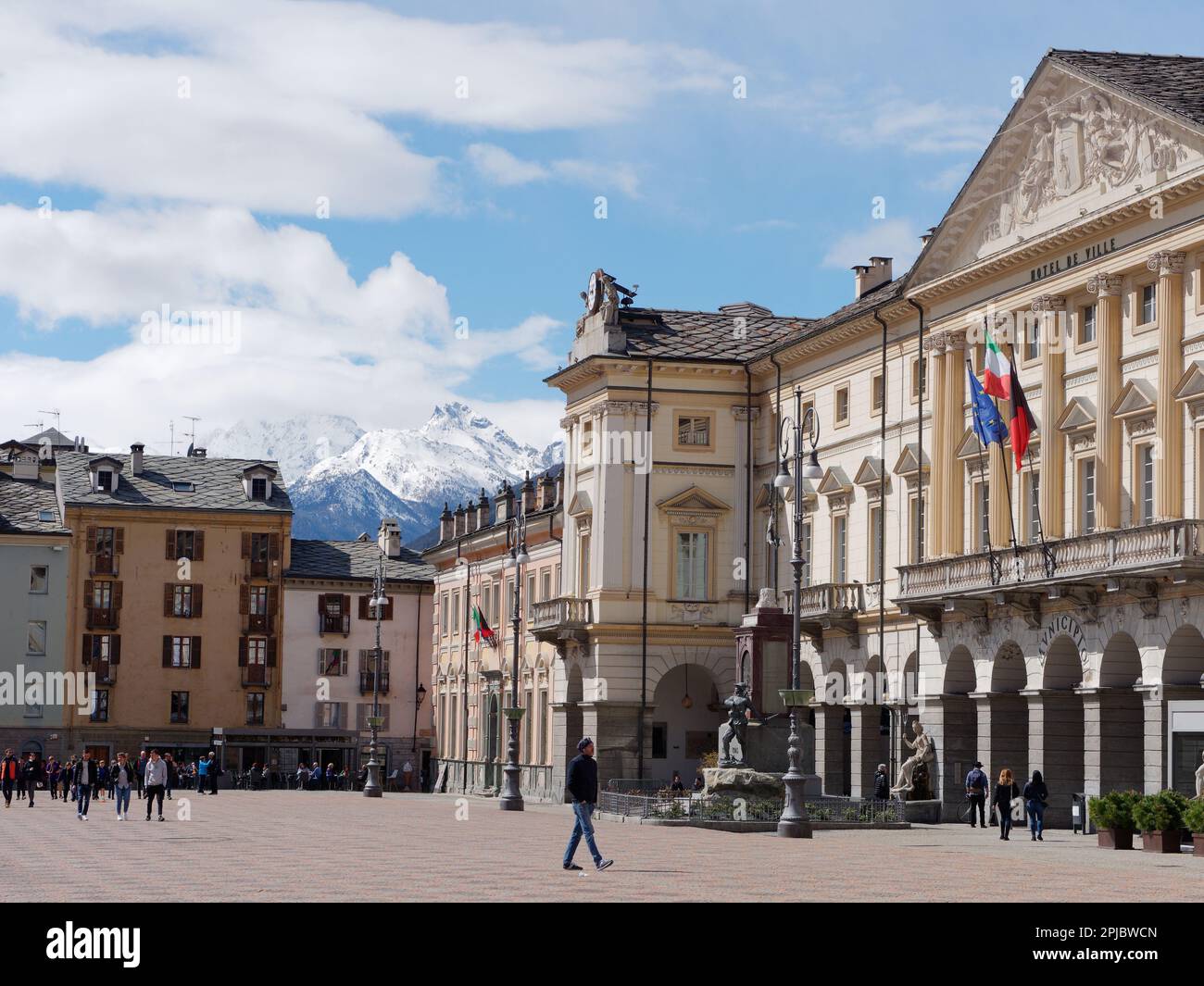The main square in Aosta, Piazza Emile Chanoux with the Town Hall on ...