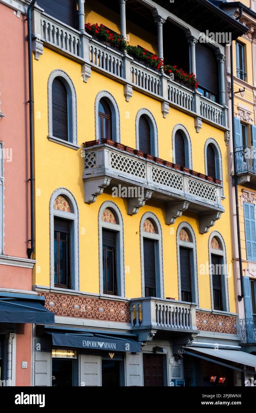 Piazza Cavour loggia, arched windows and balcony in Como, Italy Stock ...