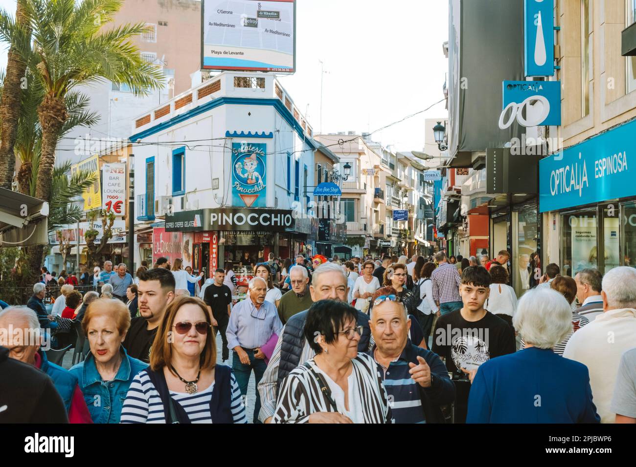 Benidorm, Spain - 01 April, 2023: People walking and enjoy sunny day on ...