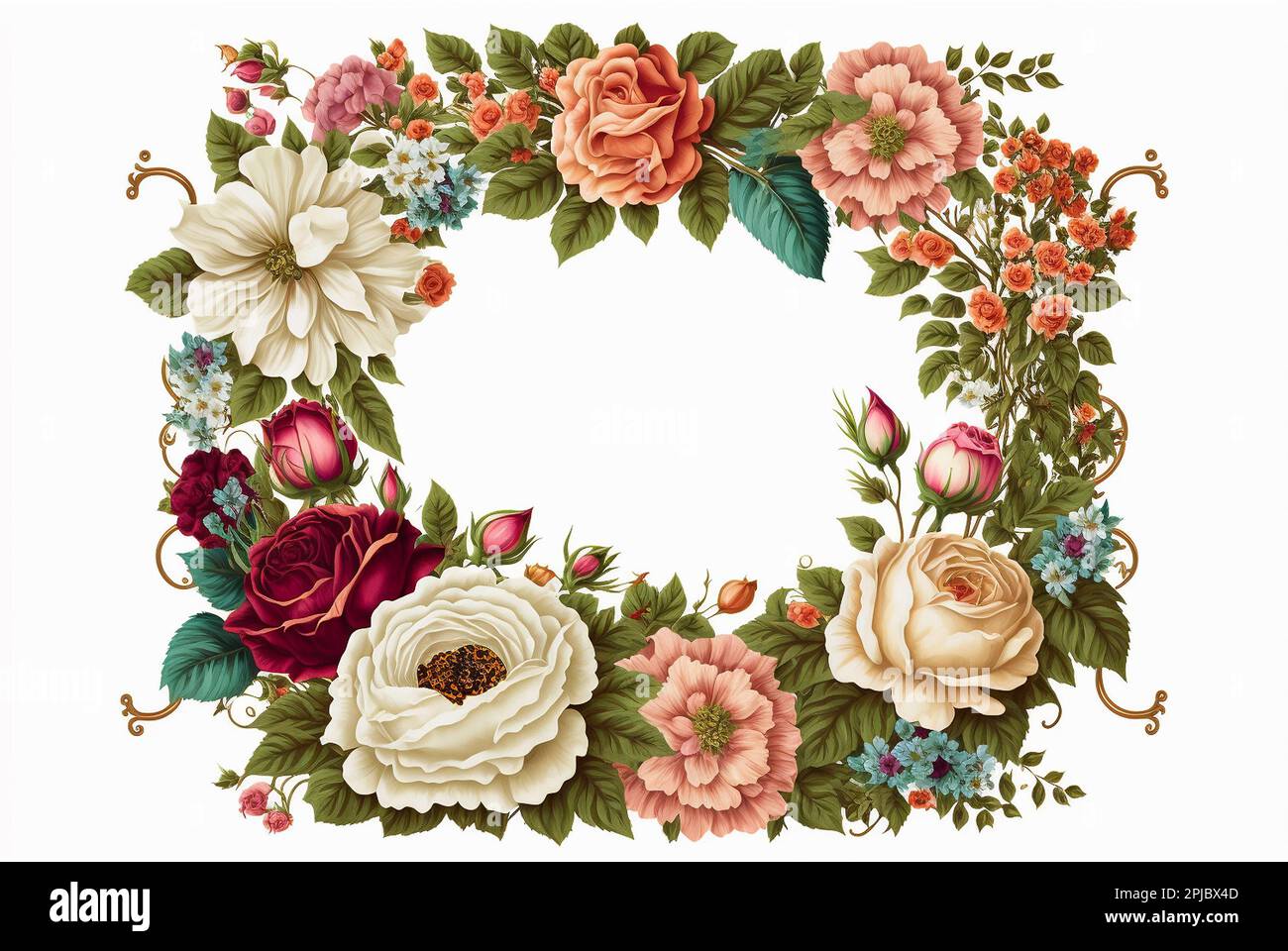 A digital illustration of an ornate, vintage-style floral frame on a ...