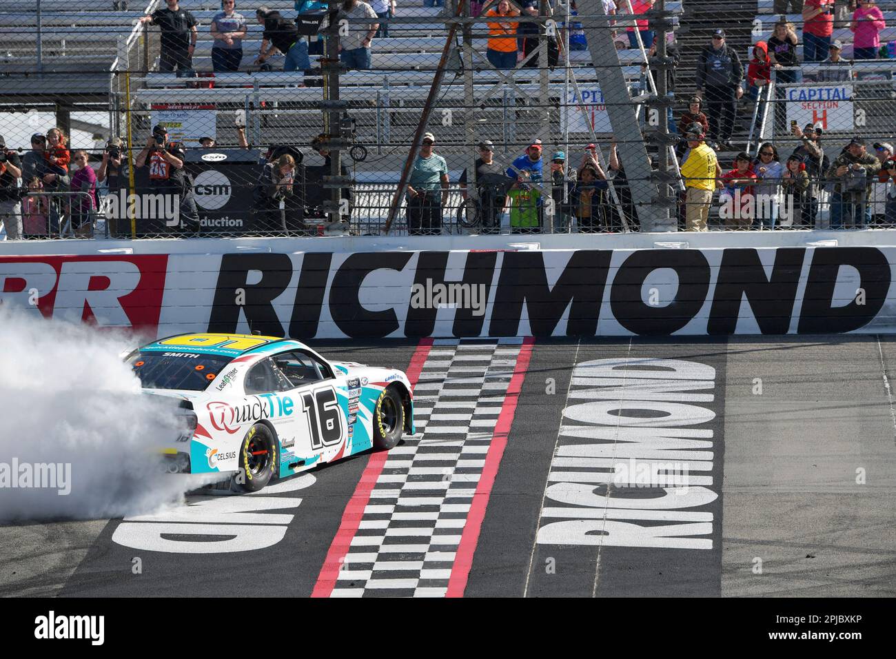 Chandler Smith (16) does a burnout after winning a NASCAR Xfinity ...