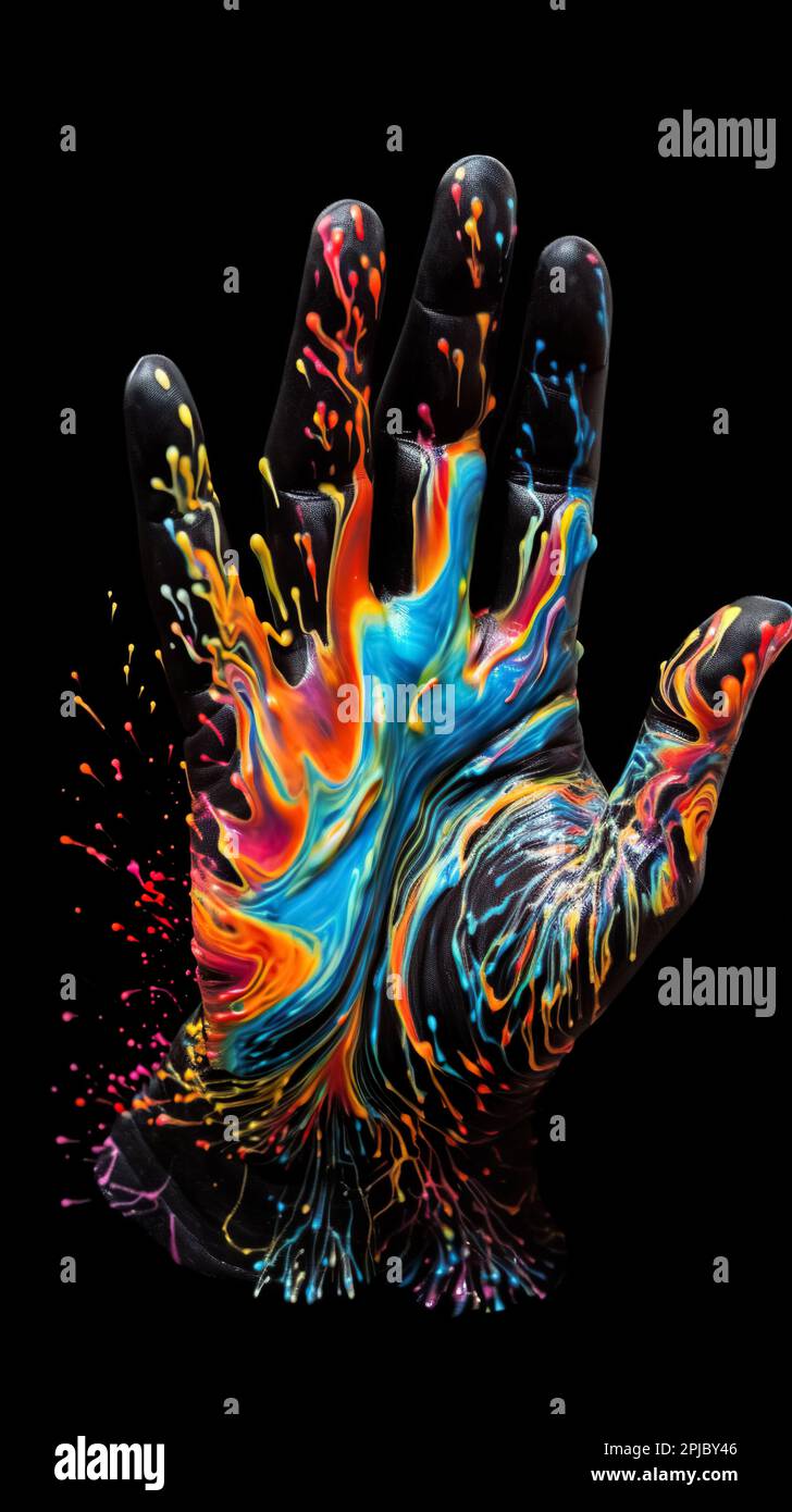 Abstract psychedelic paint splash hand on a black background Stock ...