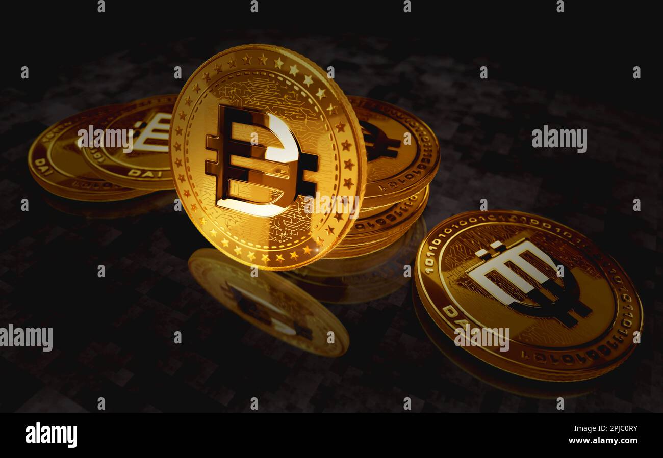 Dai ETH stablecoin cryptocurrency gold coin on green screen background ...