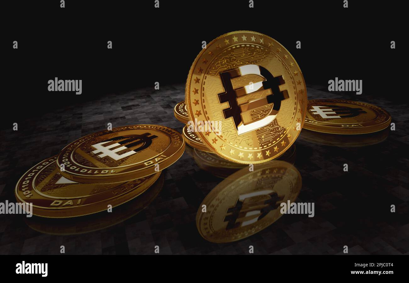 Dai ETH stablecoin cryptocurrency gold coin on green screen background ...