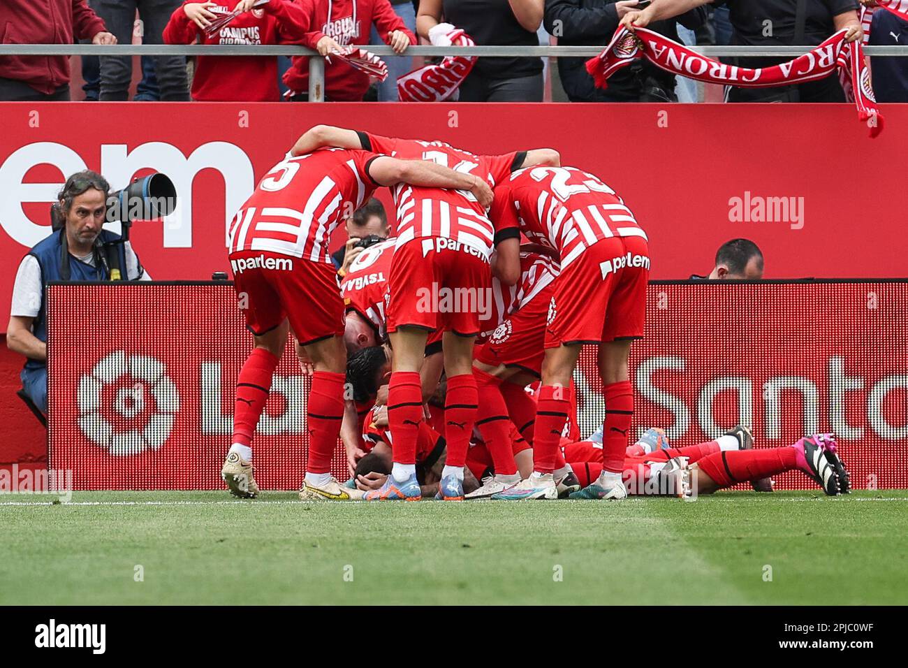 GIRONA, SPAIN - APRIL 1: players of Girona FC celebrates a goal during ...