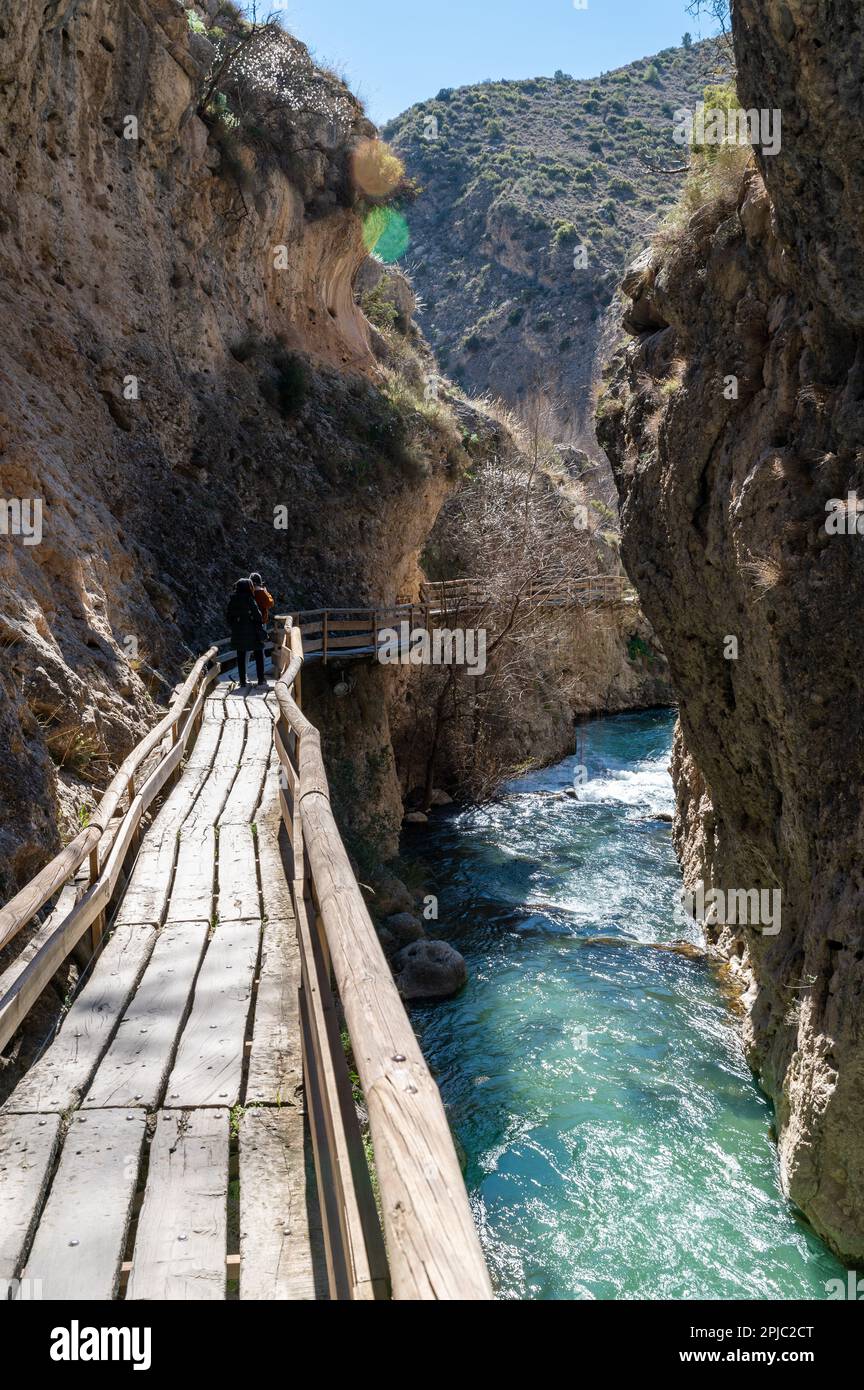 Wooden walkway for people to walk along the whitewater of the Castril ...