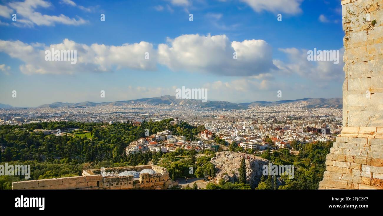 Panoramic view to Athens Greece from the ancient Acropolis temple ...