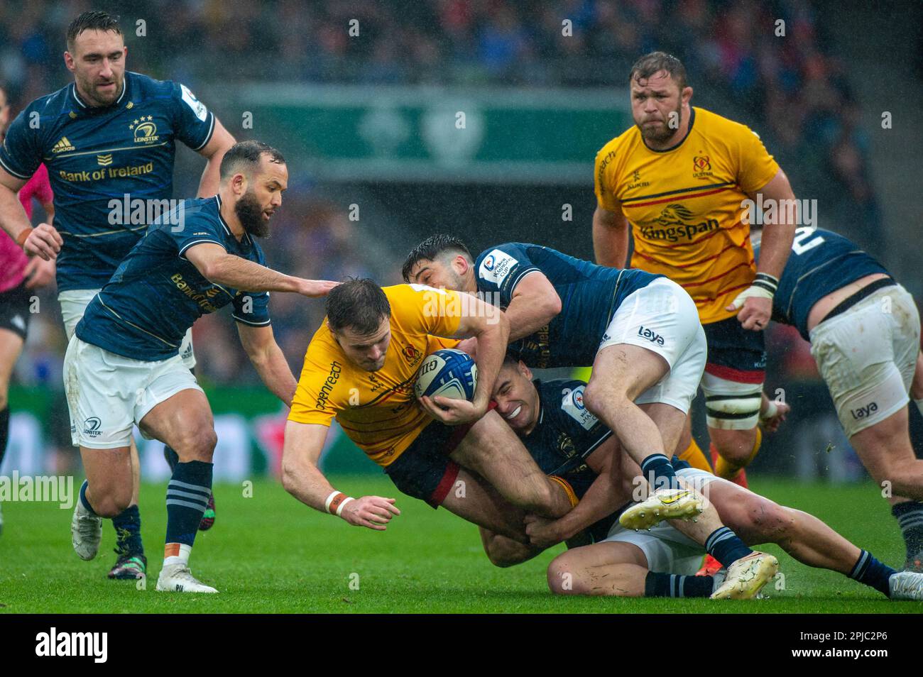 Dublin, Ireland. 01st Apr, 2023. Jacob Stockdale of Ulster tackled by ...