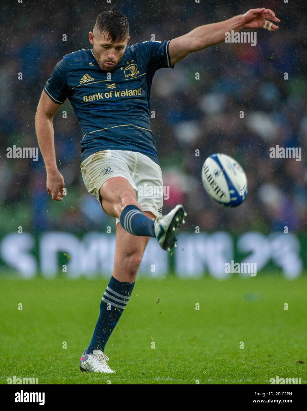 Dublin, Ireland. 01st Apr, 2023. Ross Byrne of Leinster kicks the ball ...