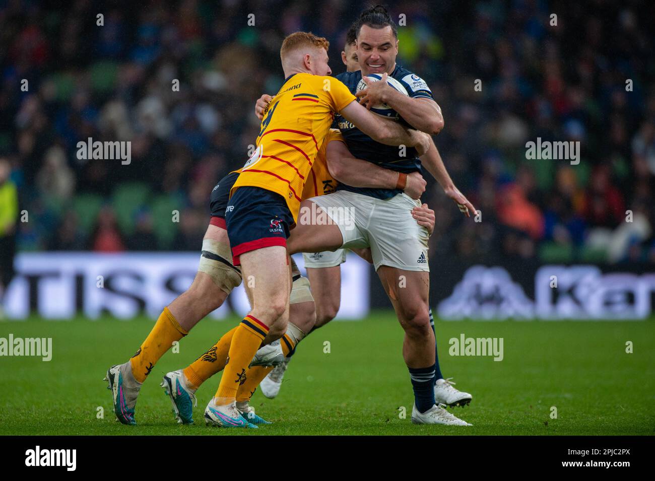 Dublin, Ireland. 01st Apr, 2023. James Lowe of Leinster and Nathan Doak ...